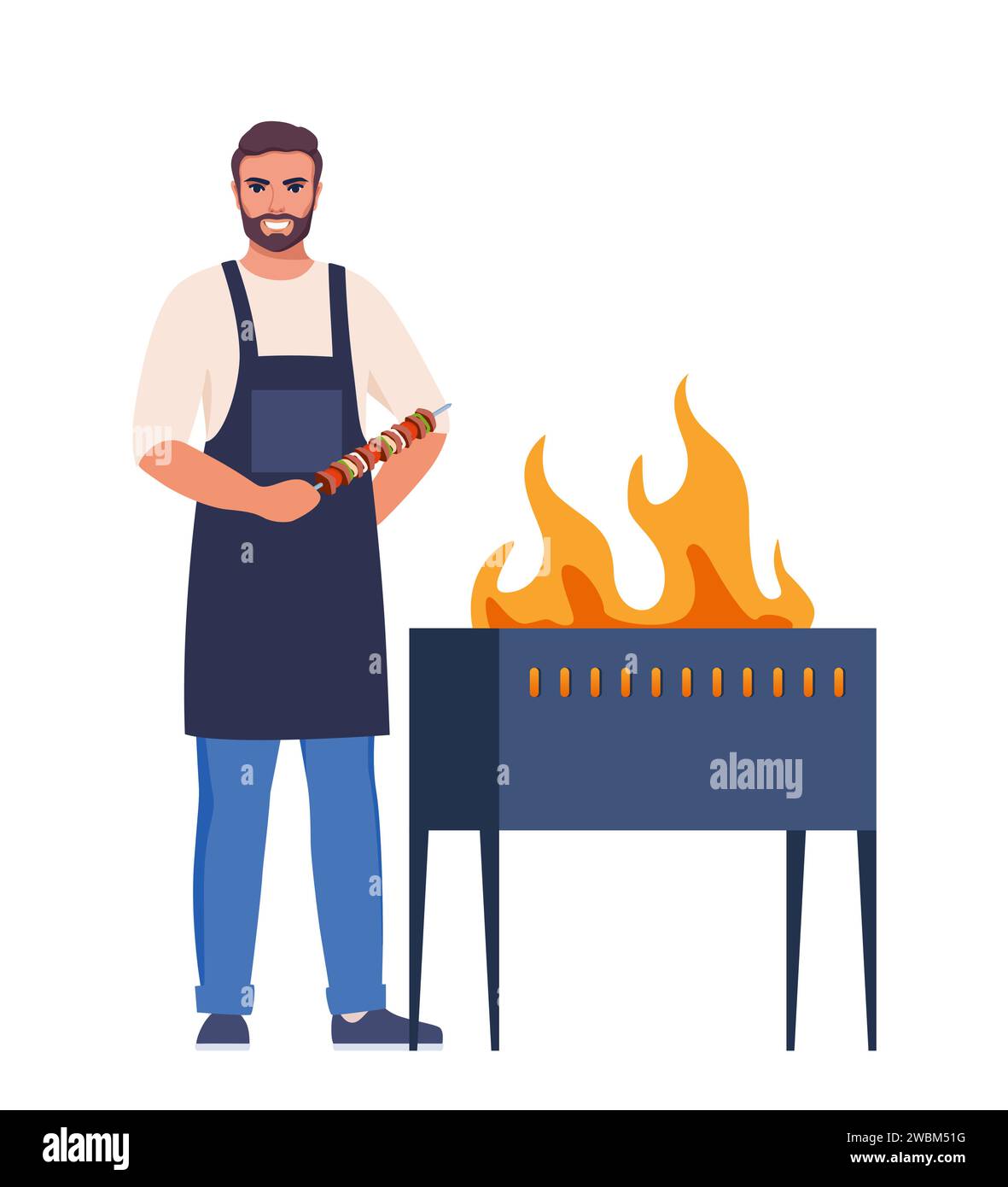 Man cooking barbecue grill. Barbecue scene. Smiling man holds kebabs ...