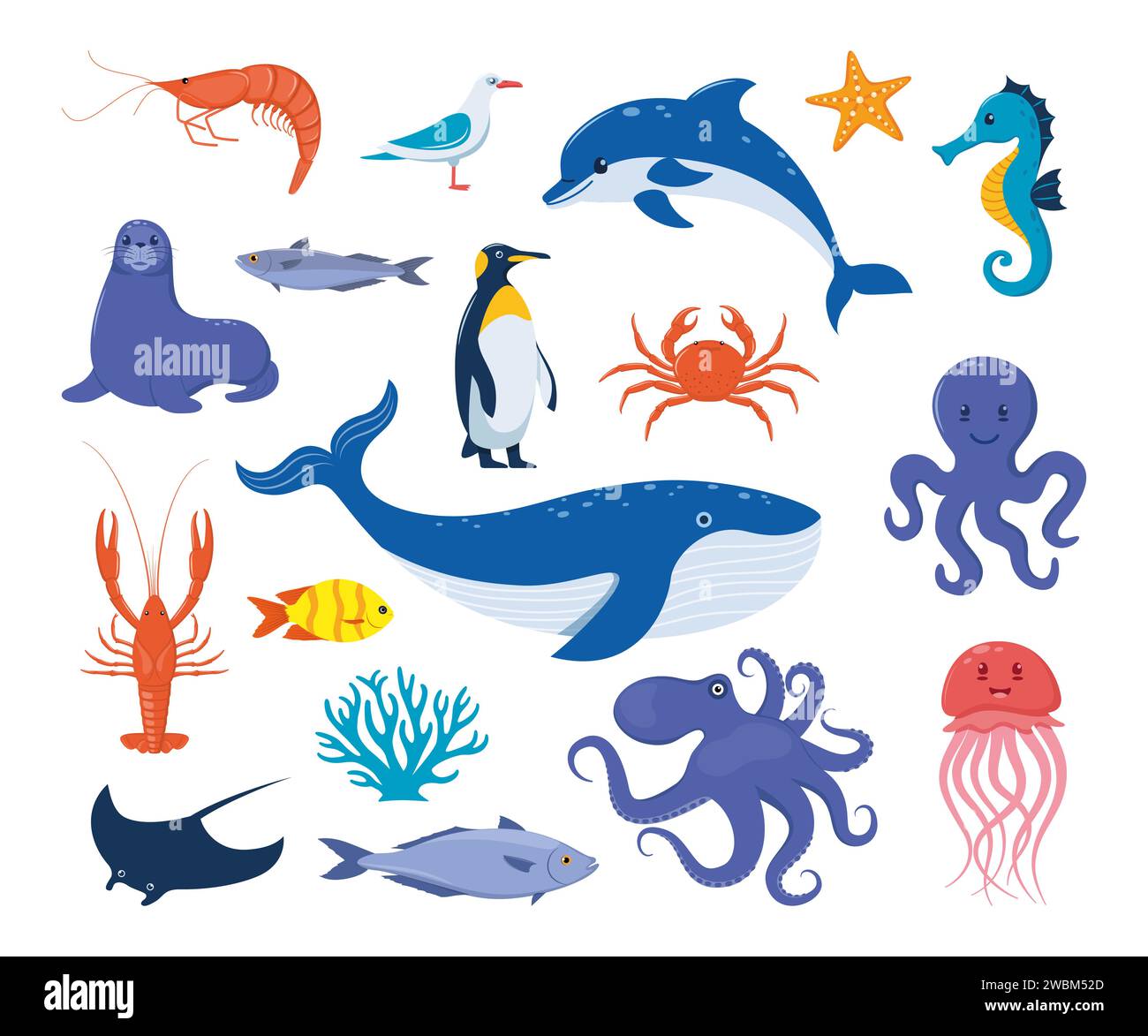 Sea animals big set. Cute flat style sea creature characters. Penguin ...