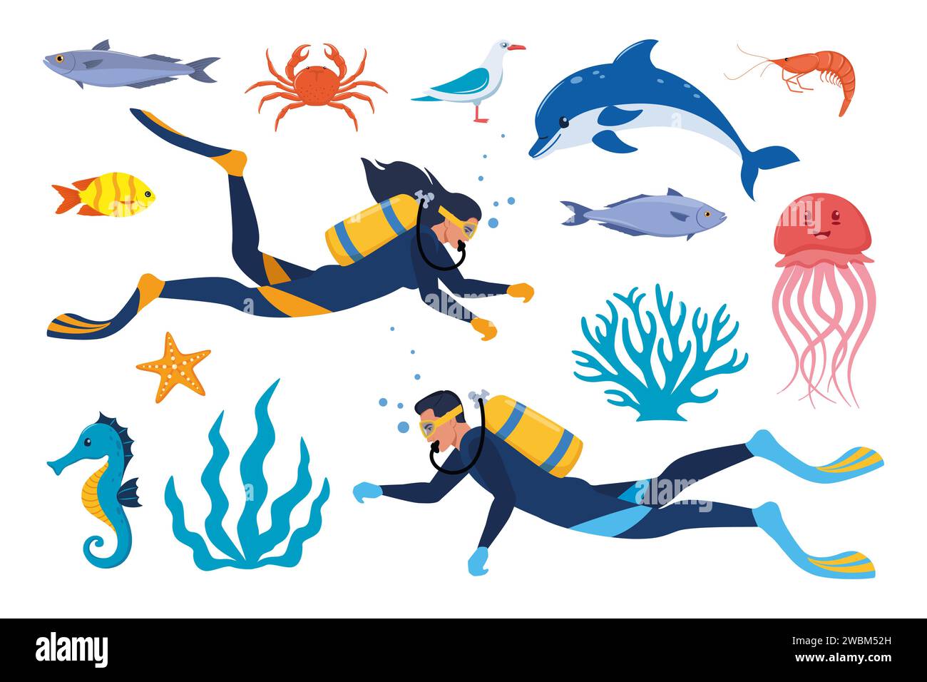 Diving and underwater world, set of elements. Diver with aqualung ...