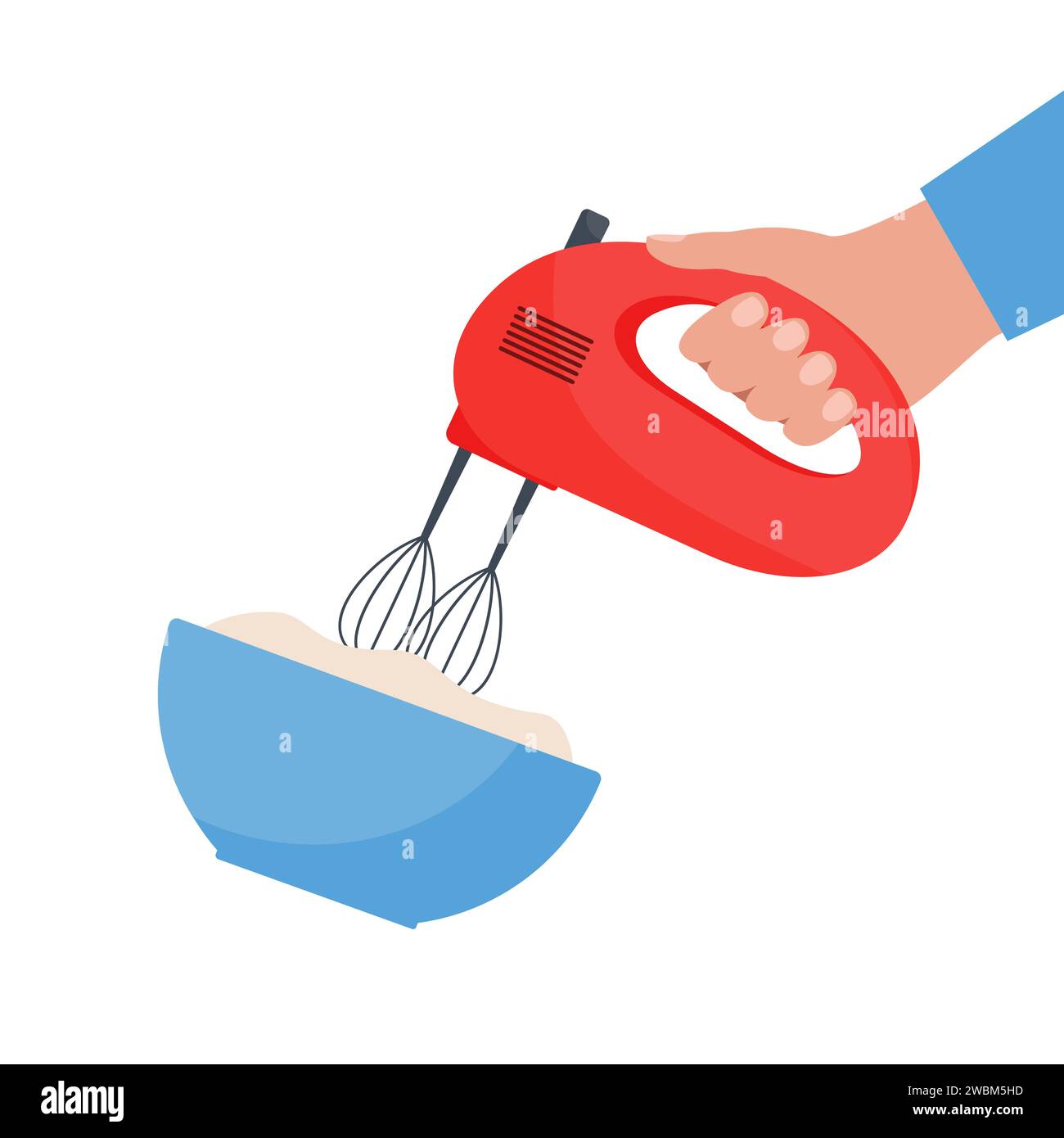 Electric food mixer in hand. Mixer, bowl, dough. Preparing ingredients ...