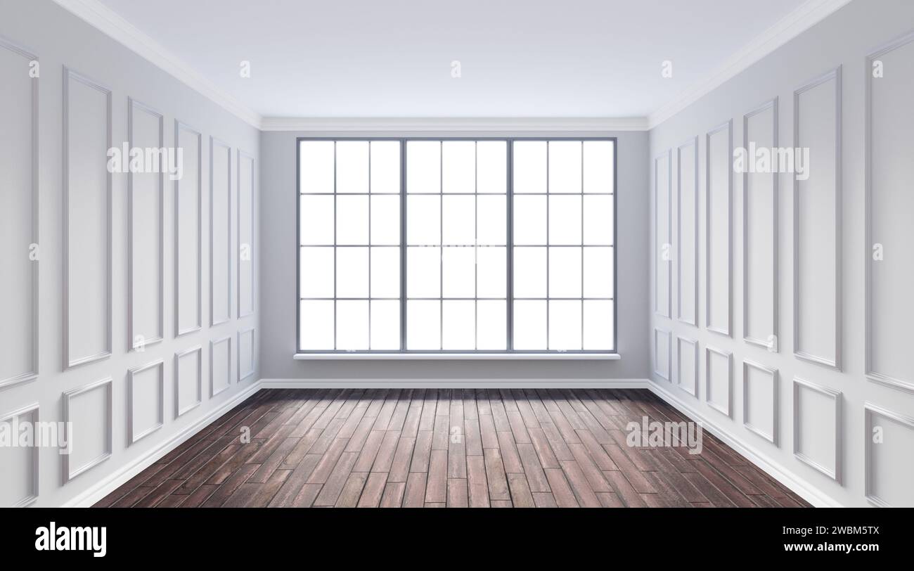 3d rendering illustration of big white room interior with big french ...