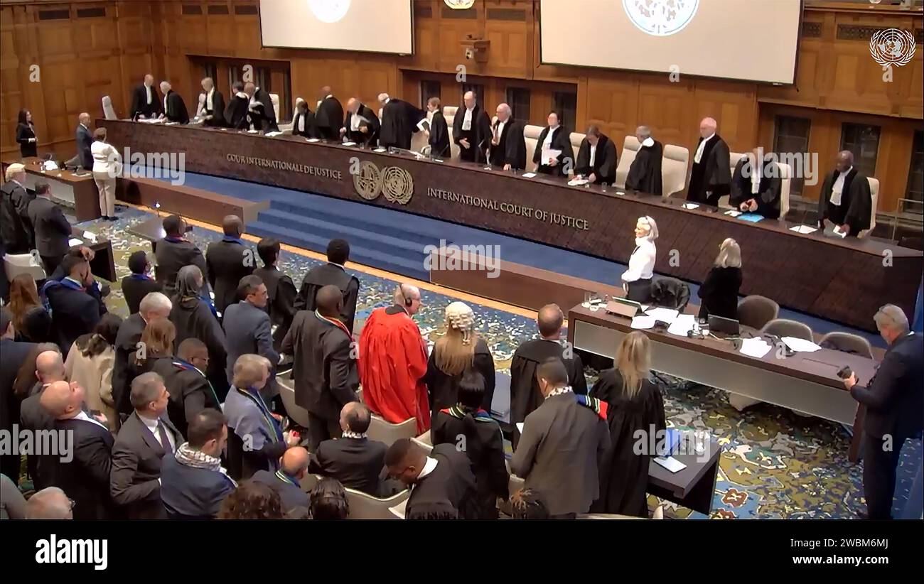 Hague, Netherlands. 11th Jan, 2024. Judges and parties sit at the ...