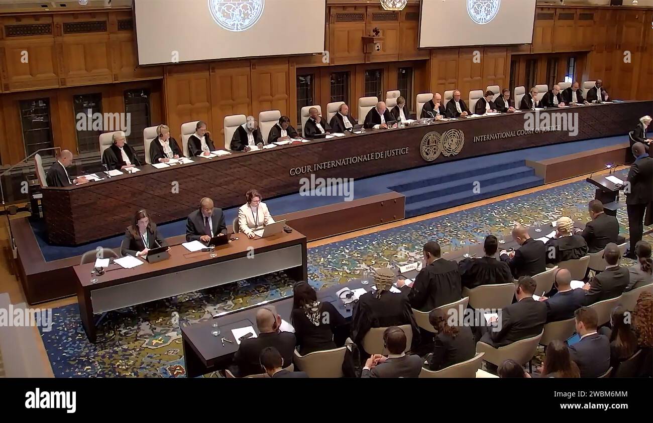 Hague, Netherlands. 11th Jan, 2024. Judges and parties sit at the ...