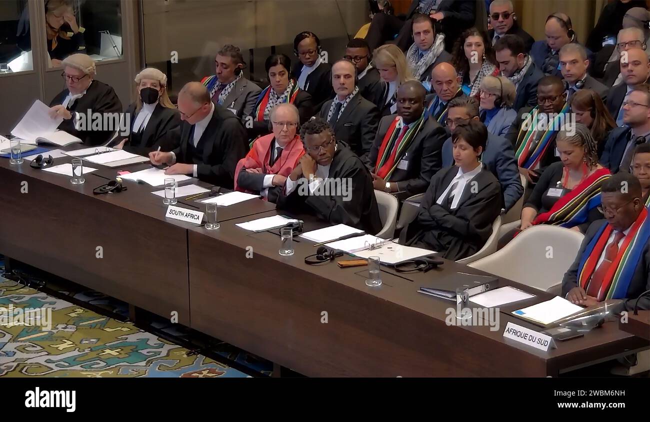 Hague, Netherlands. 11th Jan, 2024. Judges and parties sit at the ...