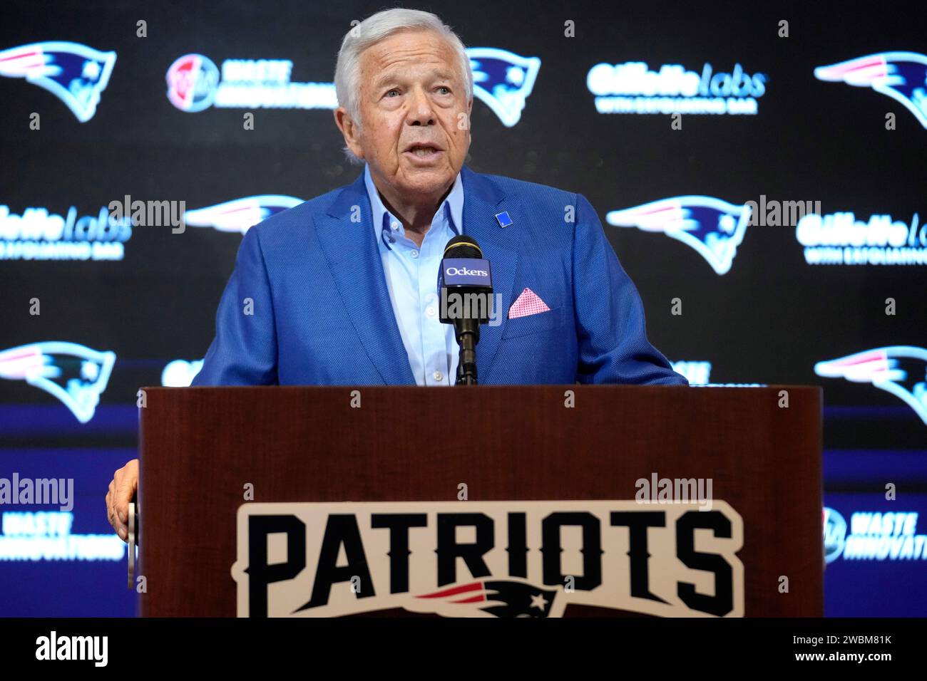 New England Patriots team owner Robert Kraft faces reporters during an ...