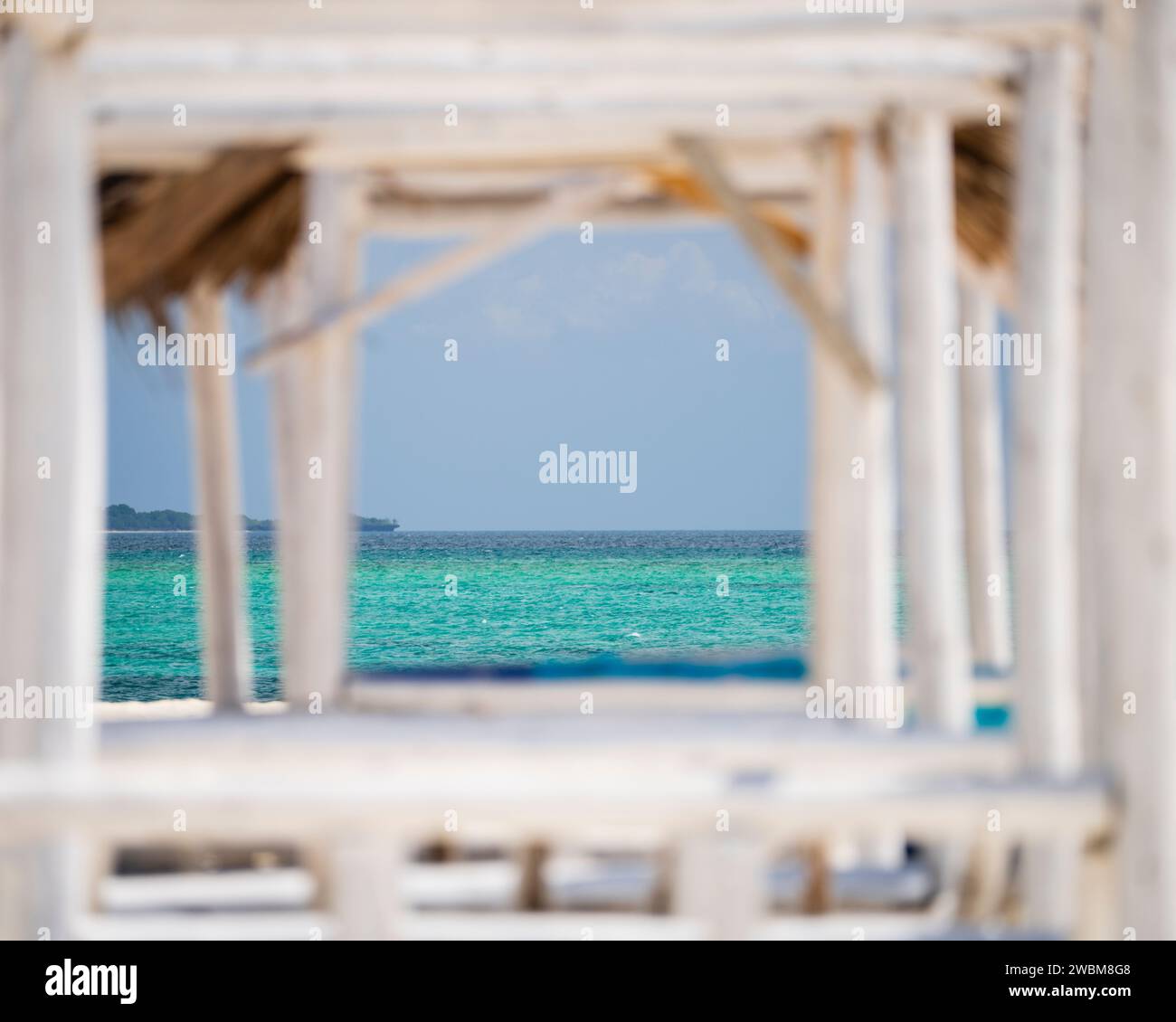 Seascape view background from wooden frame on the beach, summer concept ...