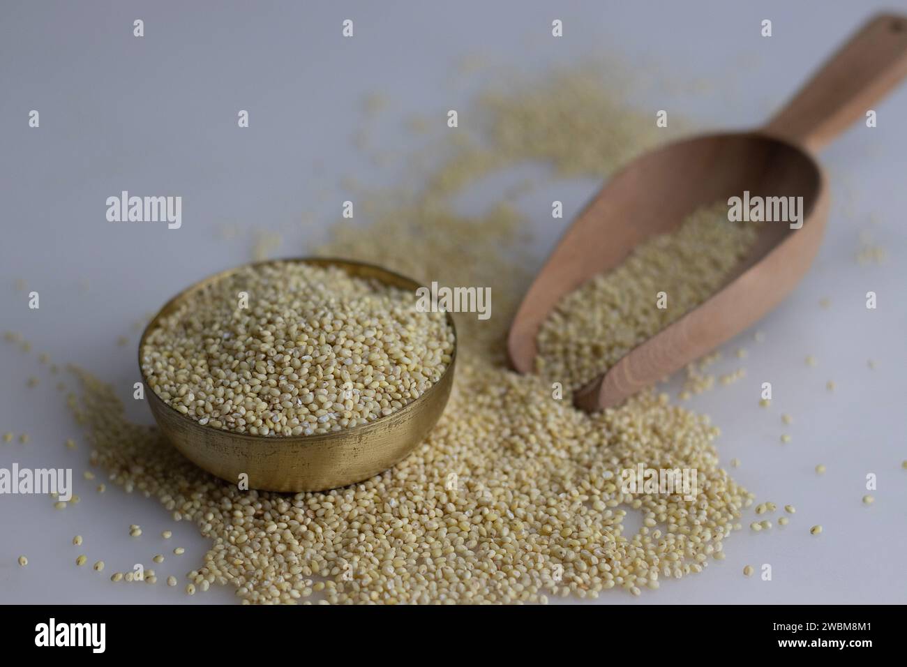 Close up of wholesome proso millet, presented in a golden brass bowl ...