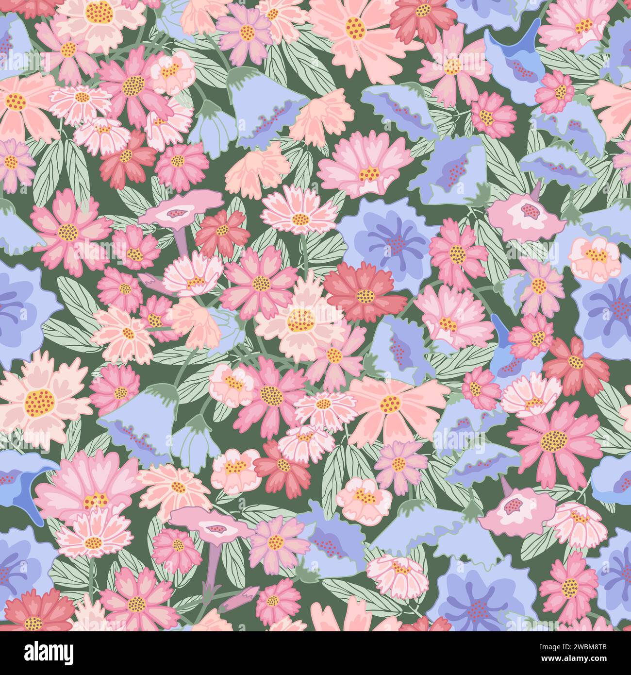 Colourful mottled pattern with light pink and blue flowers on the green ...