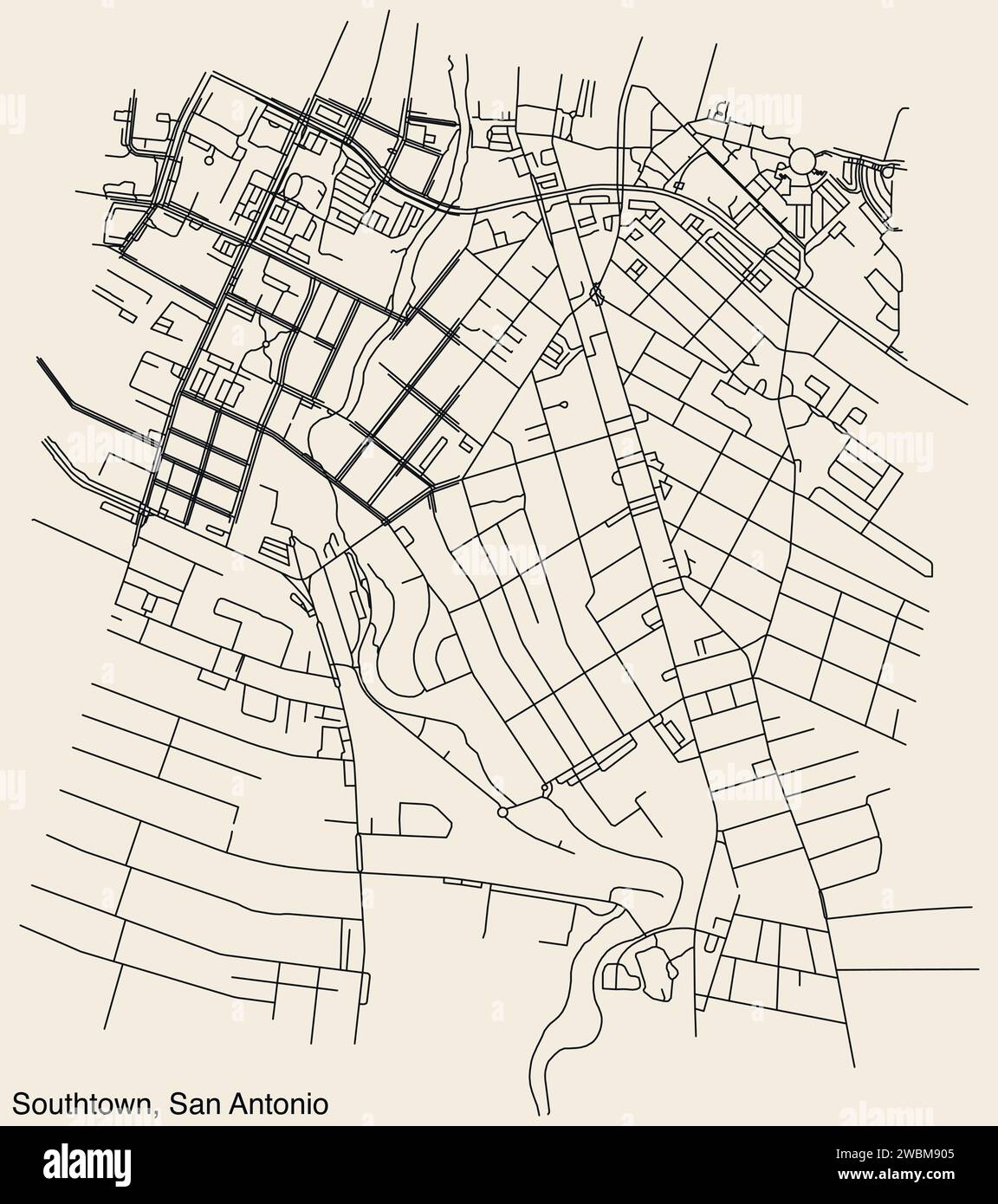 Street roads map of the SOUTHTOWN neighborhood, SAN ANTONIO Stock ...