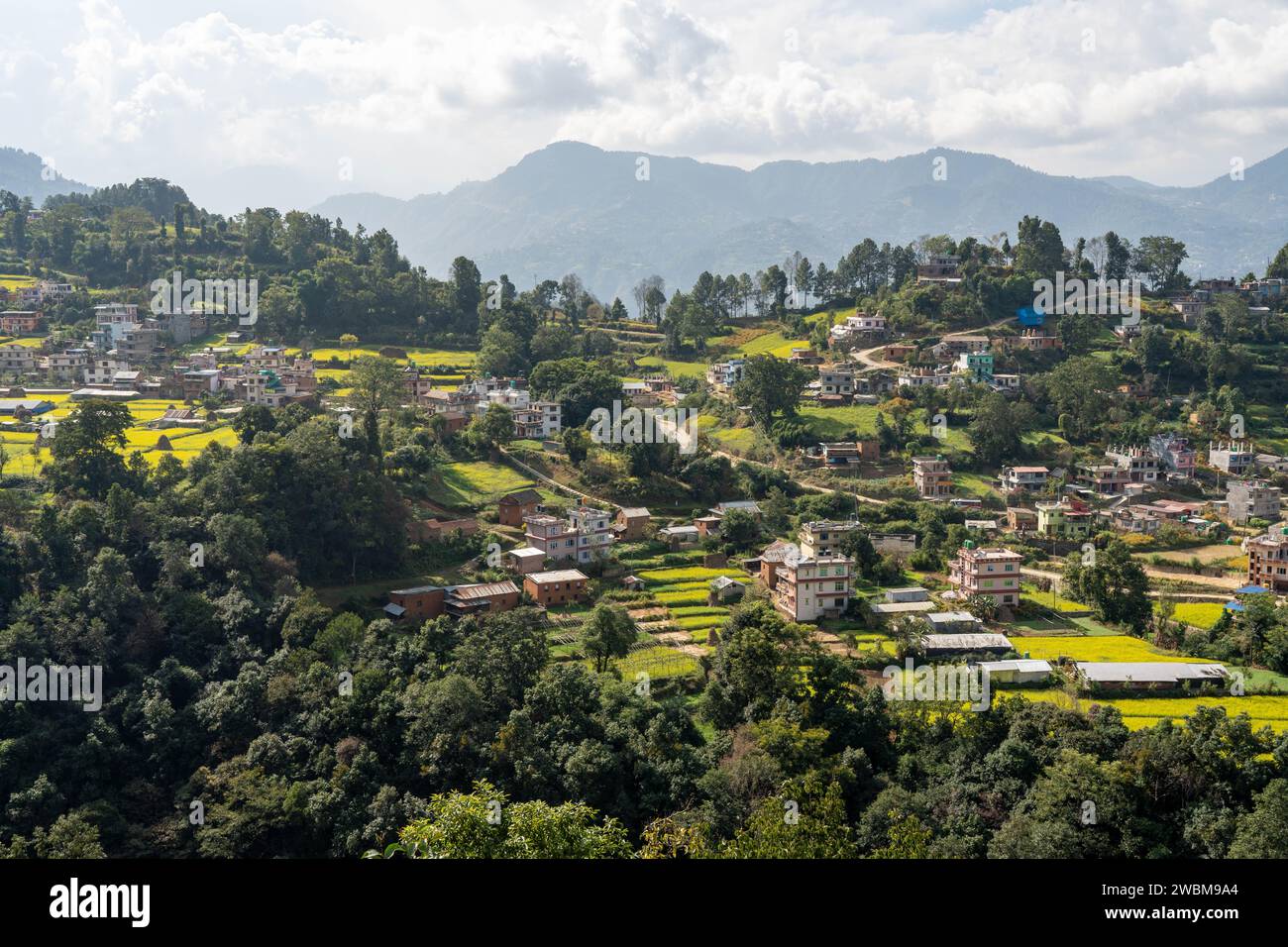 This image showcases a sprawling rural landscape with a small village ...