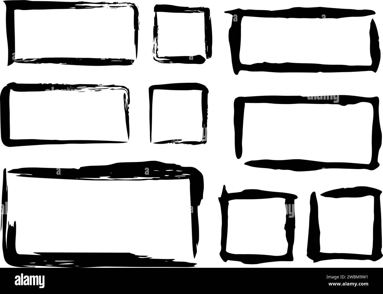 Set of abstract grungy brush stroke frames hand painted with black ink ...