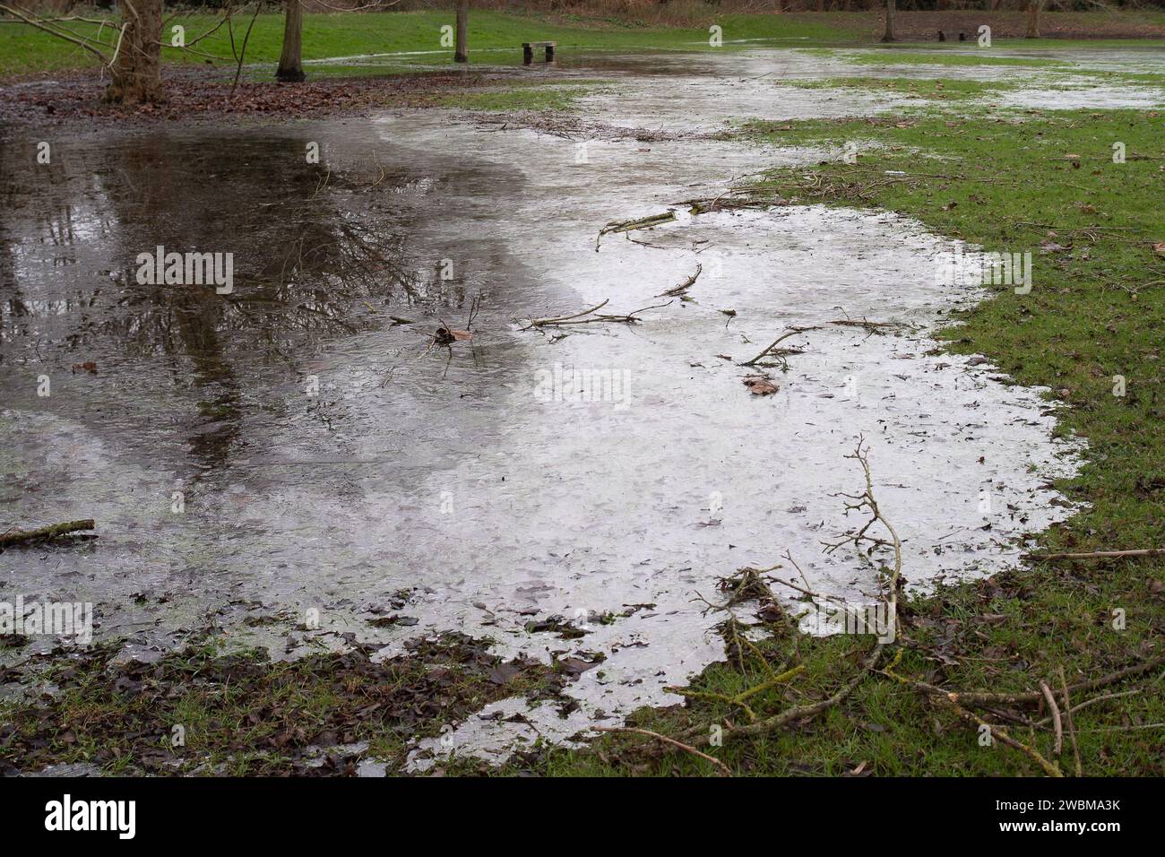 Colnbrook, Slough, UK. 11th January, 2024. Floodwater turns to ice in ...