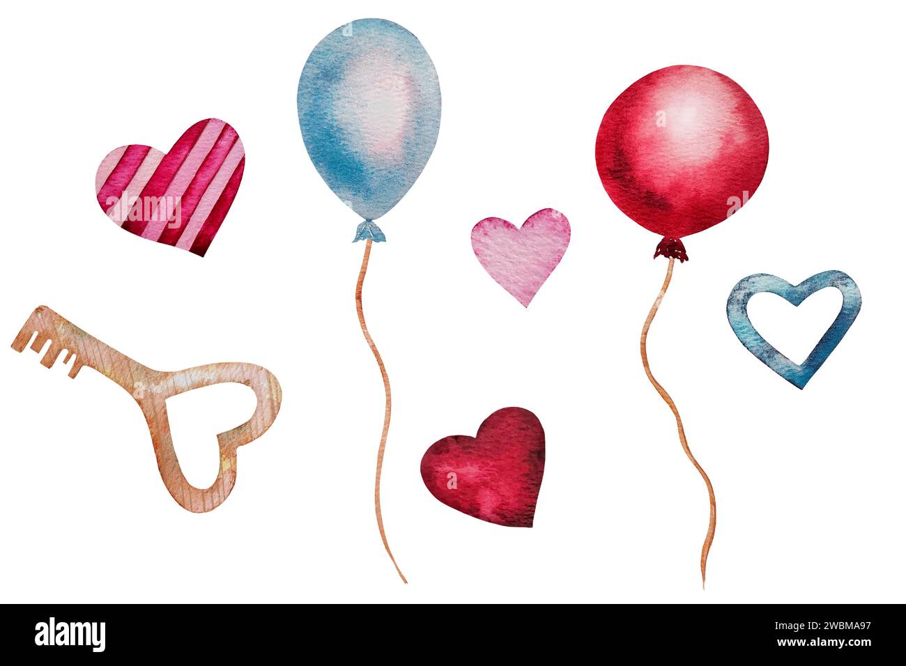 Set of watercolor hearts, red and blue balloon and key. Hand drawn ...