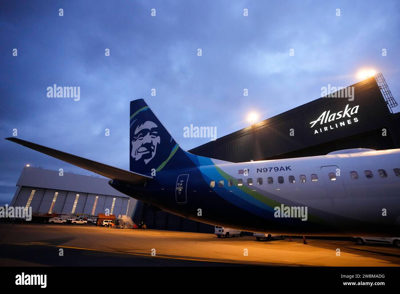 An Alaska Airlines Boeing 737 Max 9 with a door plug aircraft awaits ...