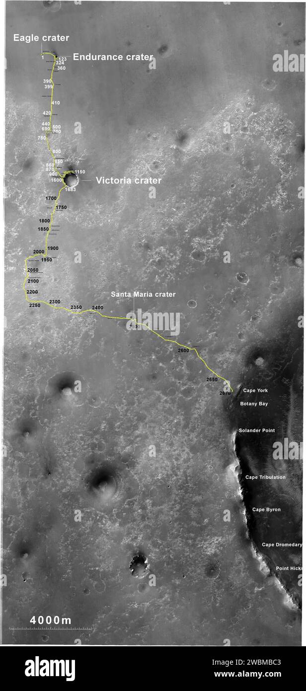 The yellow line on this map shows where NASA's Mars Rover Opportunity ...