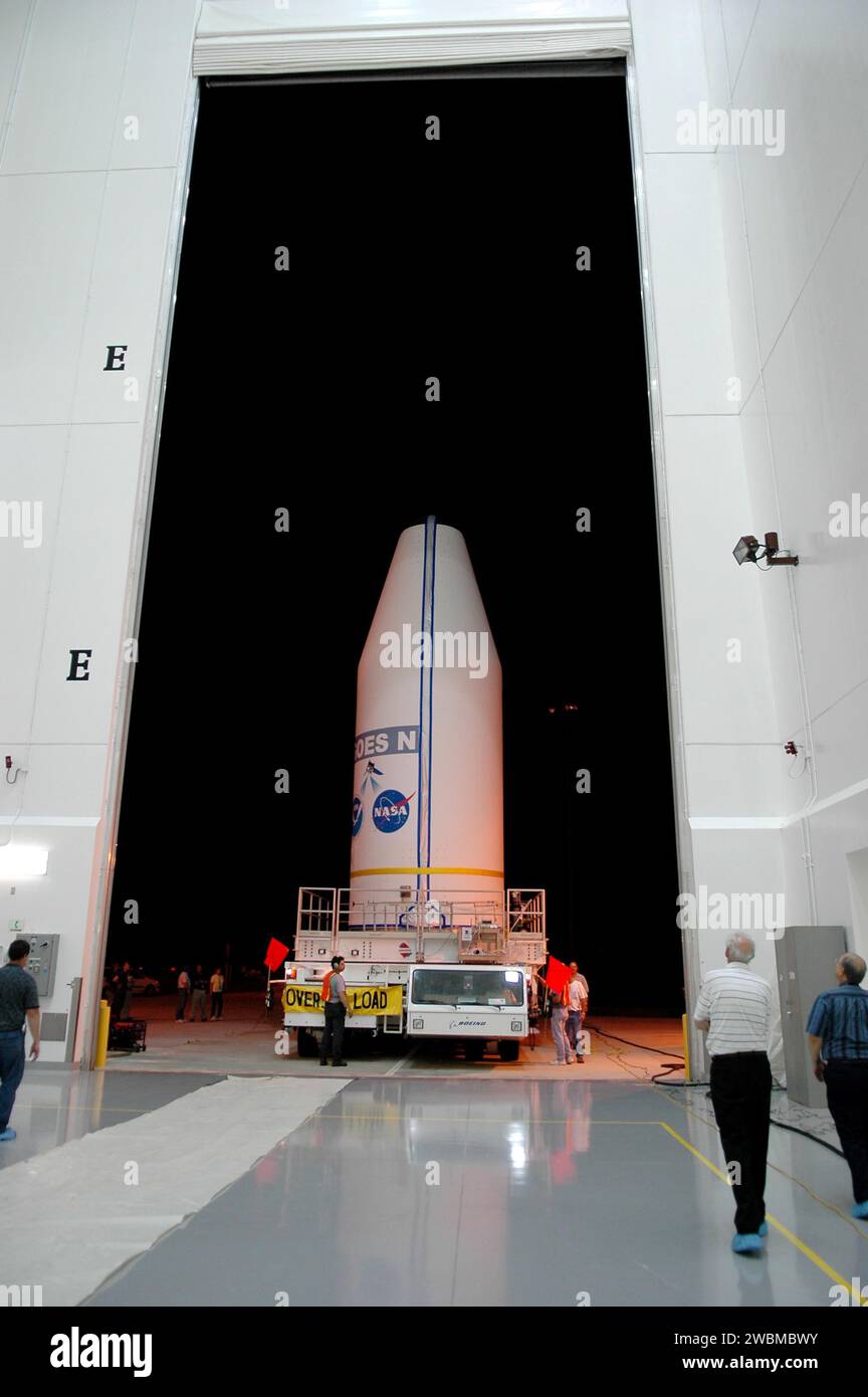KENNEDY SPACE CENTER, FLA. - The encapsulated GOES-N spacecraft exits ...
