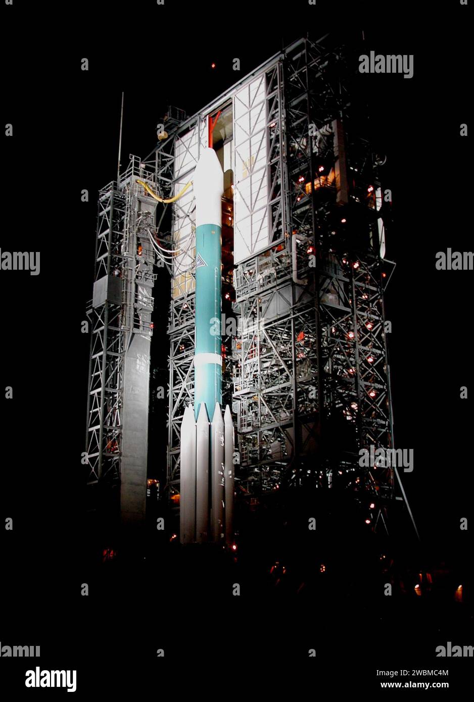 With umbilical lines still attached, the Boeing Delta II rocket, on ...