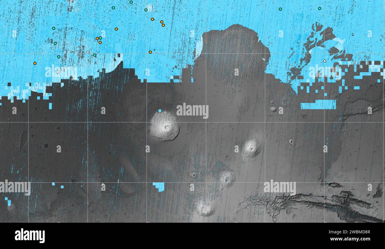 The blue areas on this map of Mars show regions where NASA missions ...