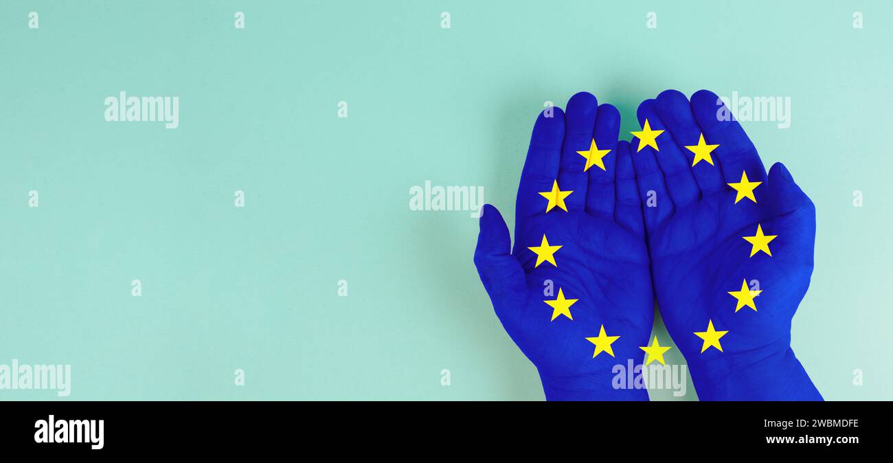 Hand with EU flag, european union, cooperation between the countries of ...