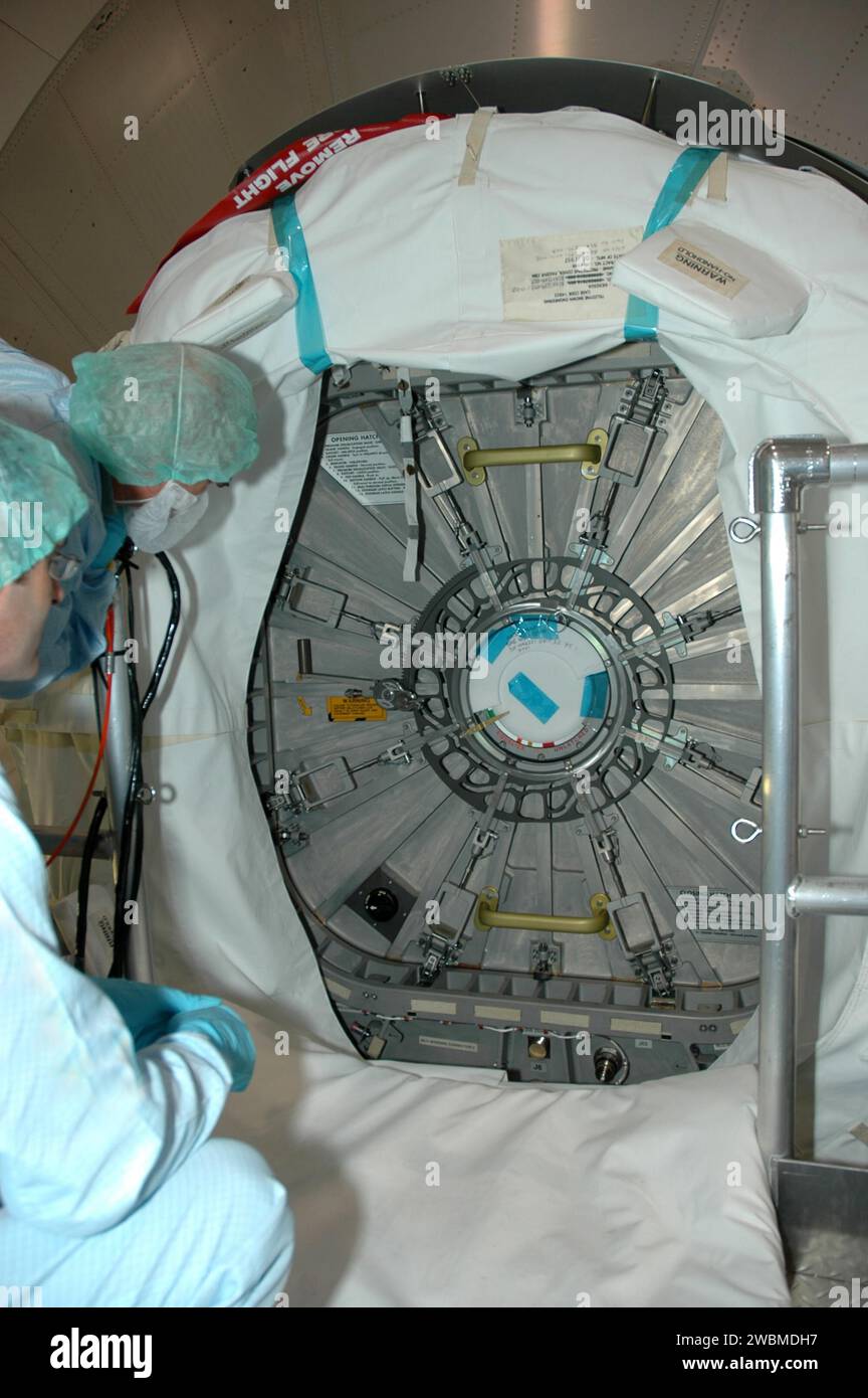 The Multi-Purpose Logistics Module Raffaello, built in Italy, is prepared for transfer to a ...