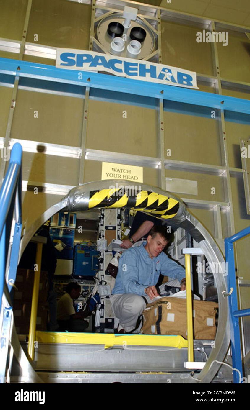 KENNEDY SPACE CENTER, FLA. - At SPACEHAB, Cape Canaveral, Fla., members of the STS-107 crew look ...