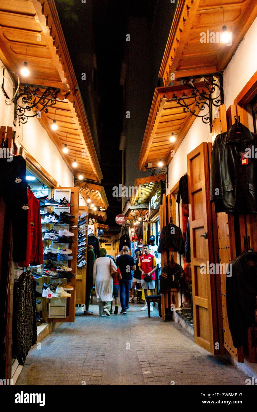 Tangier, Morocco. October 15th, 2022 - Souvenir shops in the narrow ...