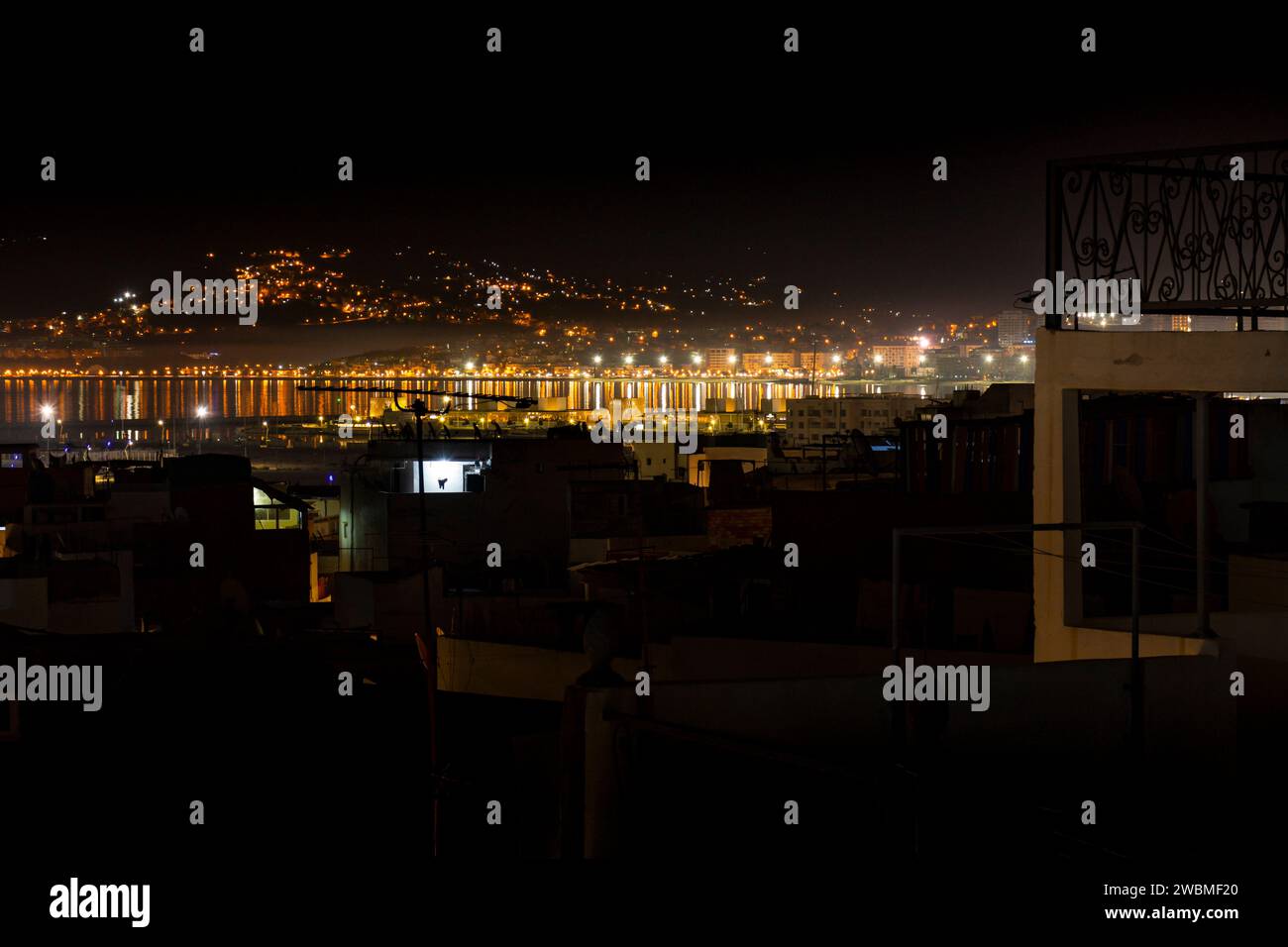 Tangier, Morocco. October 15th, 2022 - Night view of Tangier Bay, roofs ...