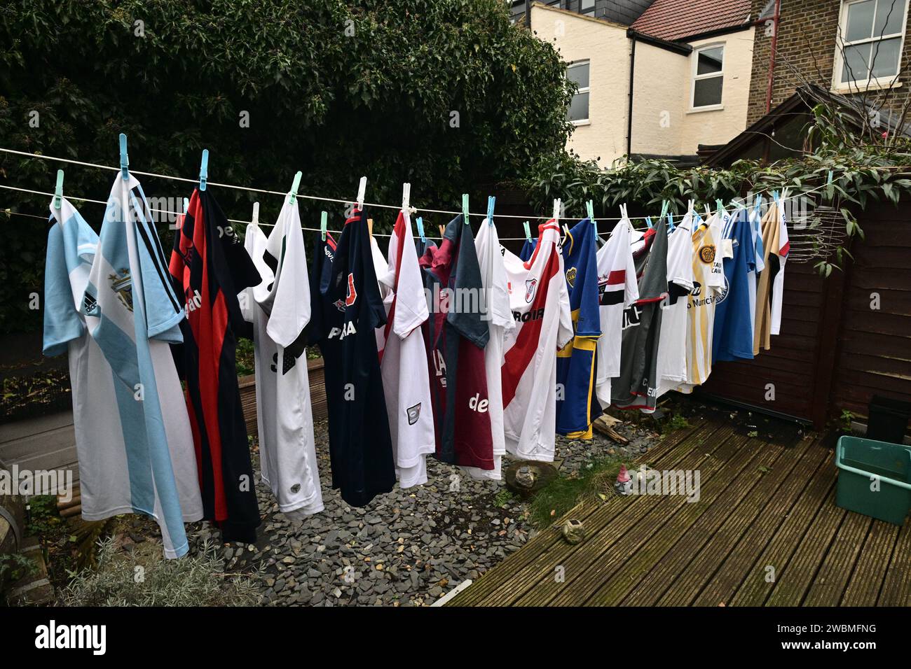 Football Club shirts, jerseys from South America hanging on a line ...