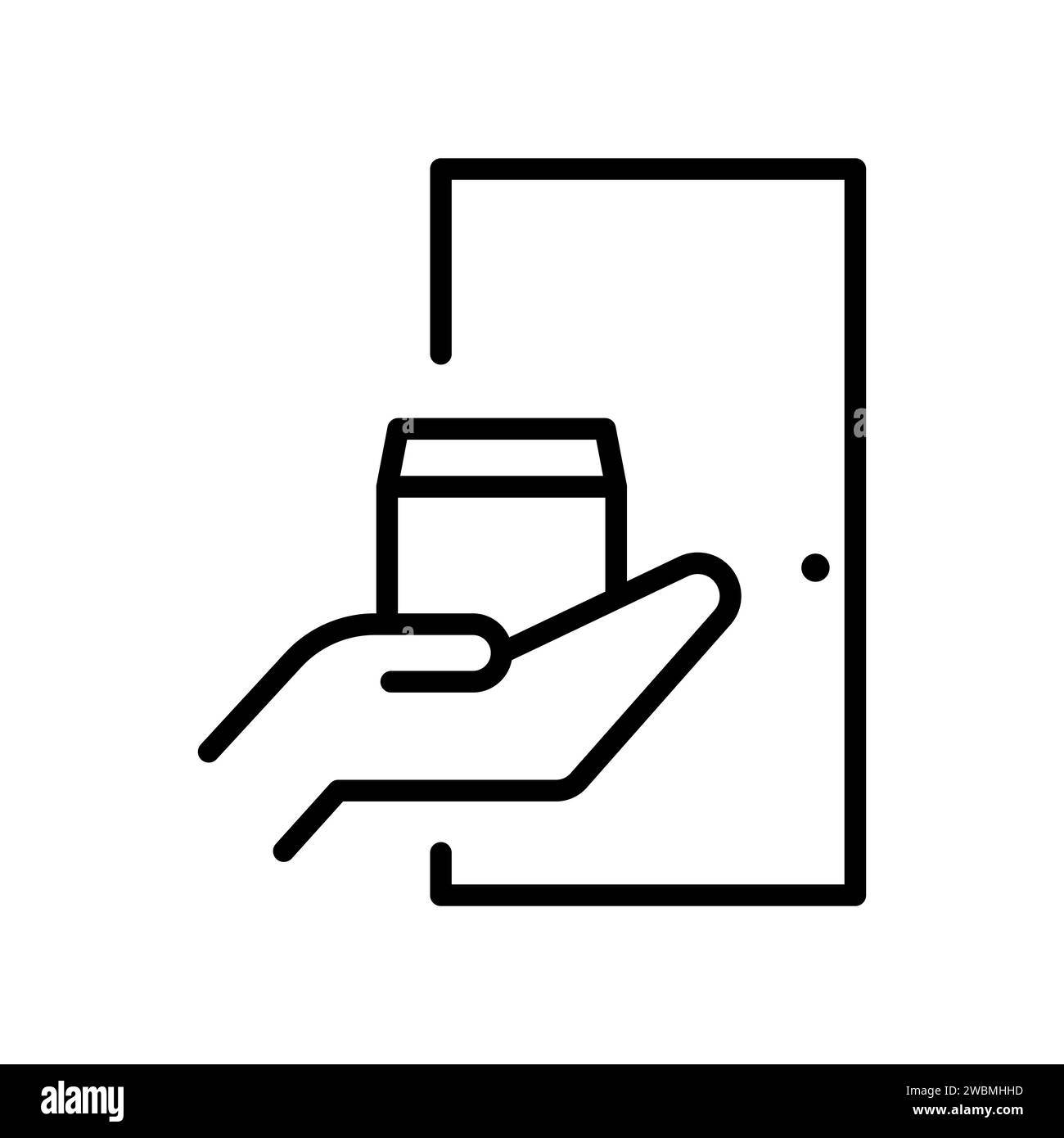 Vector line icon hand with delivery box and door. Symbol package ...