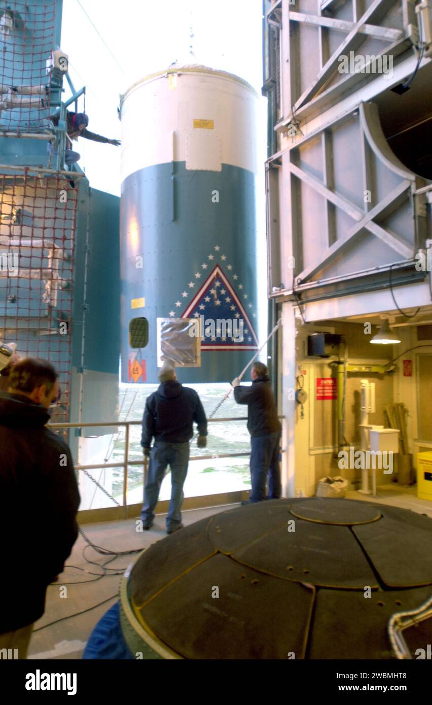 VANDENBERG AIR FORCE BASE, CALIF. - The interstage of a Boeing Delta 2 rocket is lifted to an ...