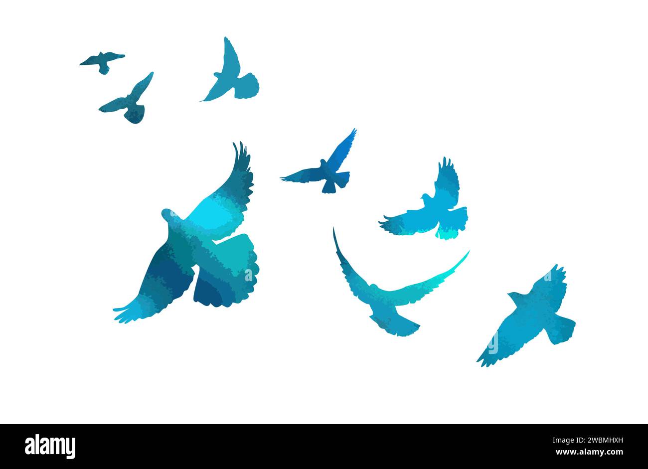 A flock of blue watercolor flying birds. Free birds abstraction. hand ...