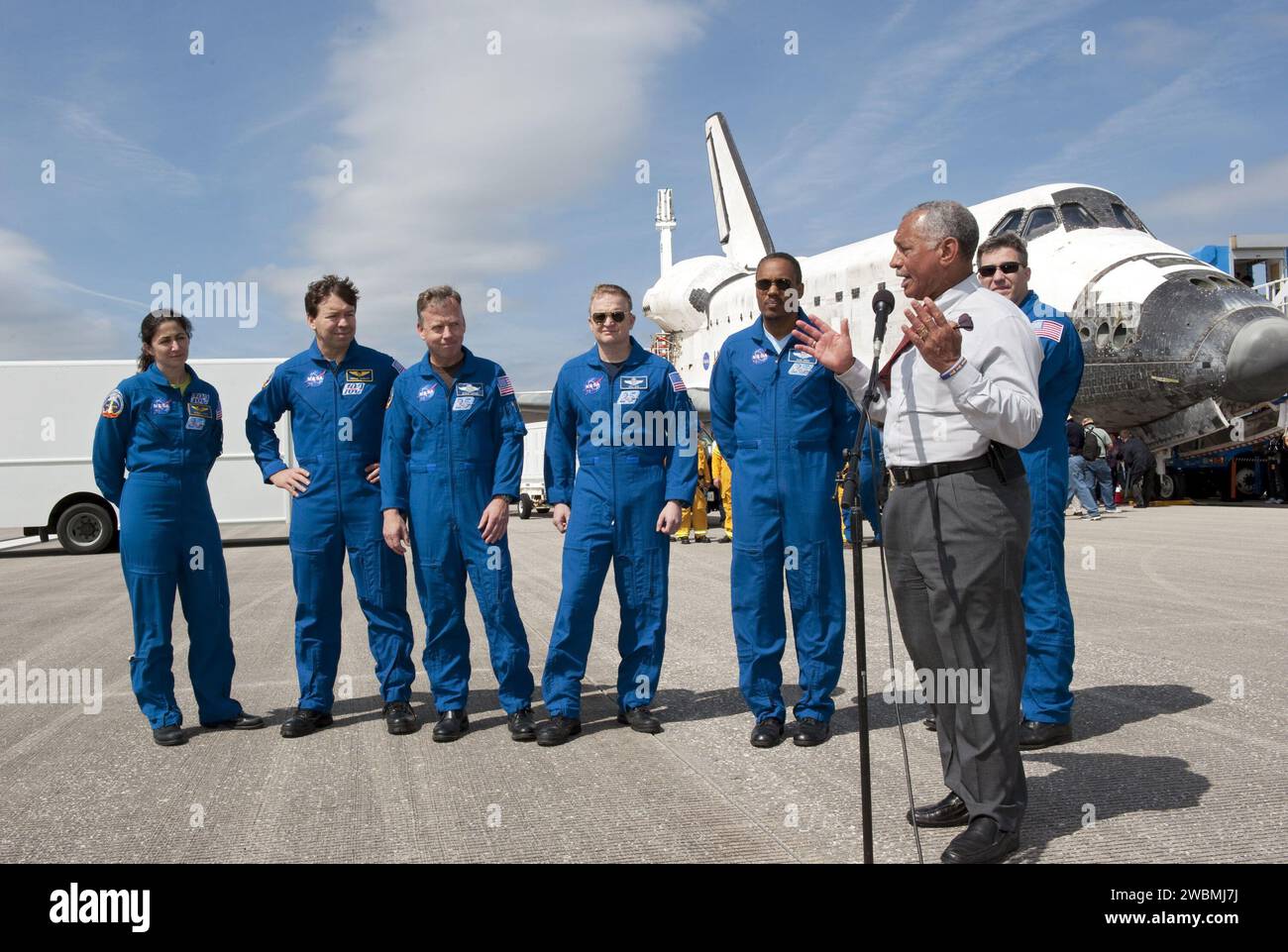 CAPE CANAVERAL, Fla. -- NASA Administrator Charlie Bolden introduces the STS-133 crew to media ...