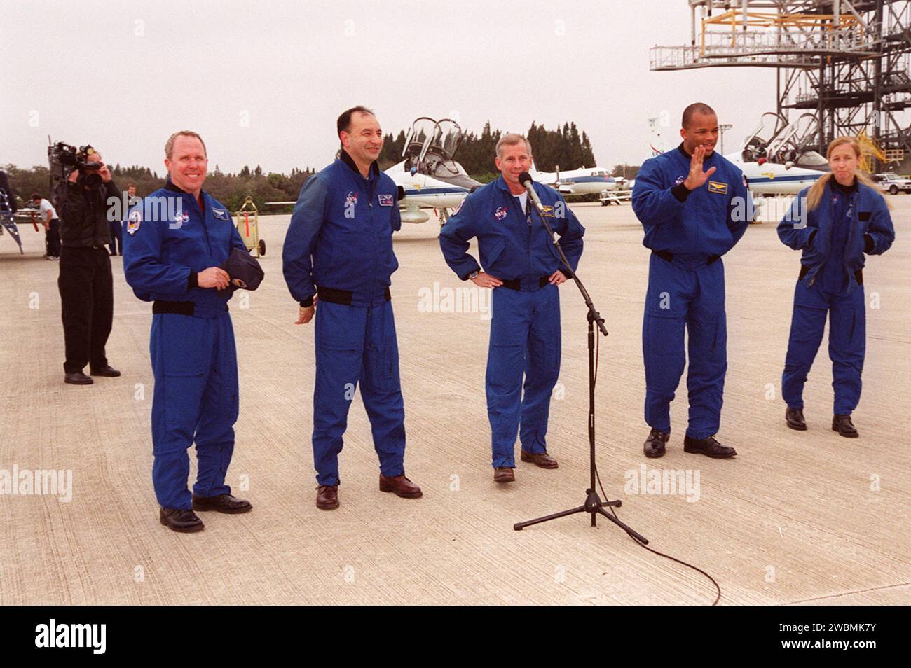 The STS-98 crew arrived at Kennedy Space Center and greeted media at ...