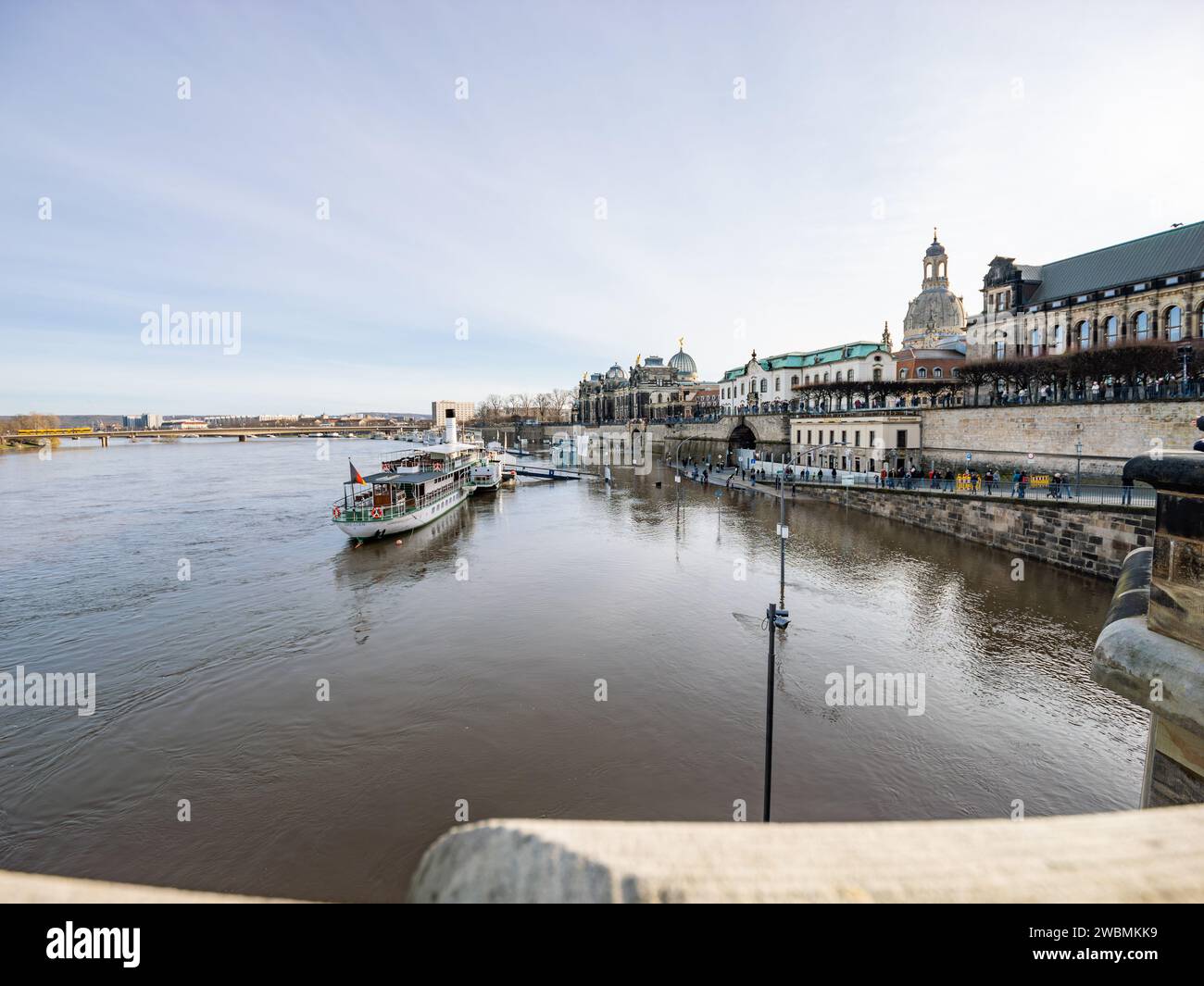 Old town of Dresden from the Augustus bridge during a flood of the Elbe ...
