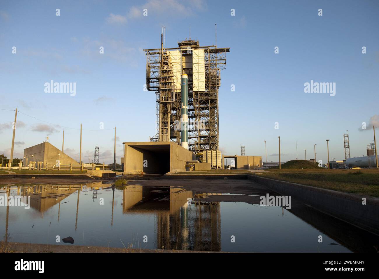 The first stage of a Delta II rocket is prepared at Launch Complex 17-B ...