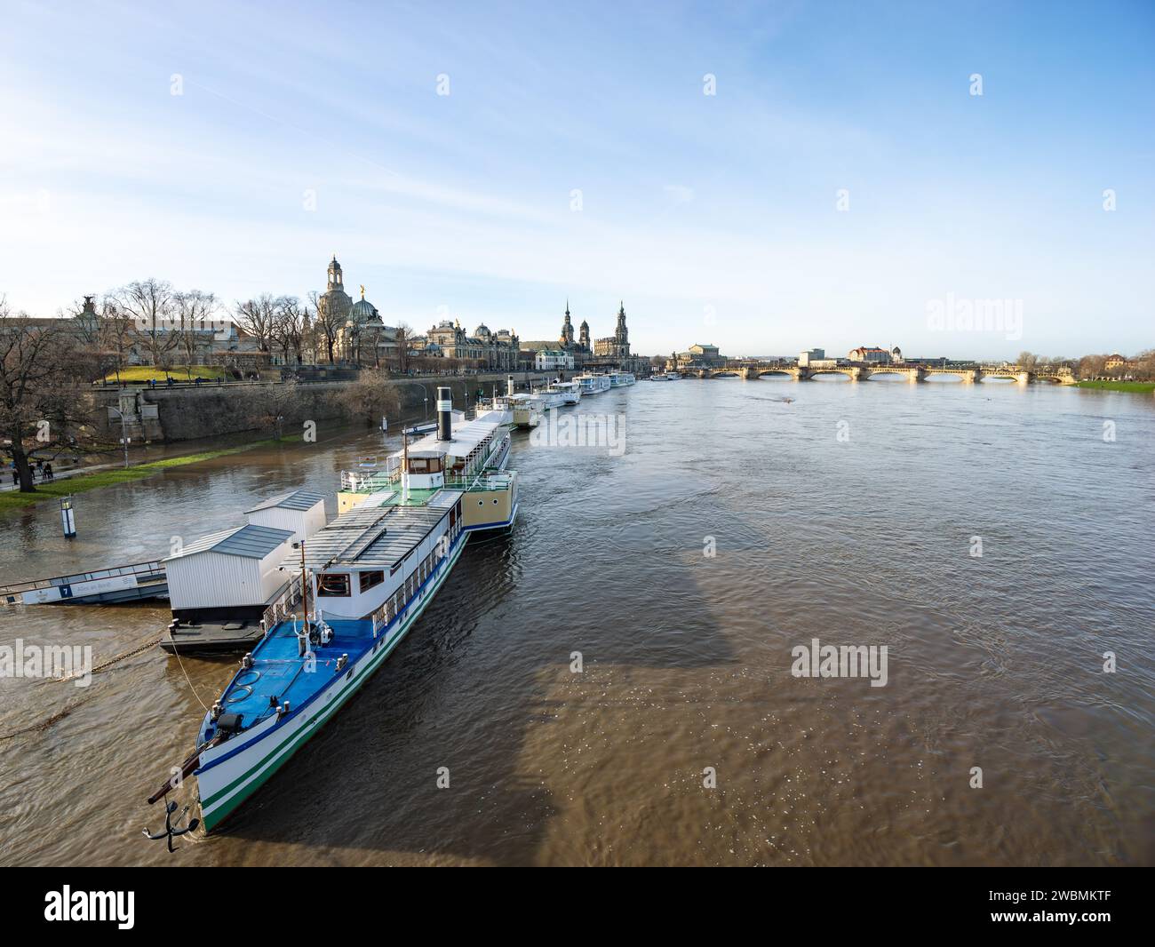 Flooded river Elbe in the historical old town city center of Dresden ...