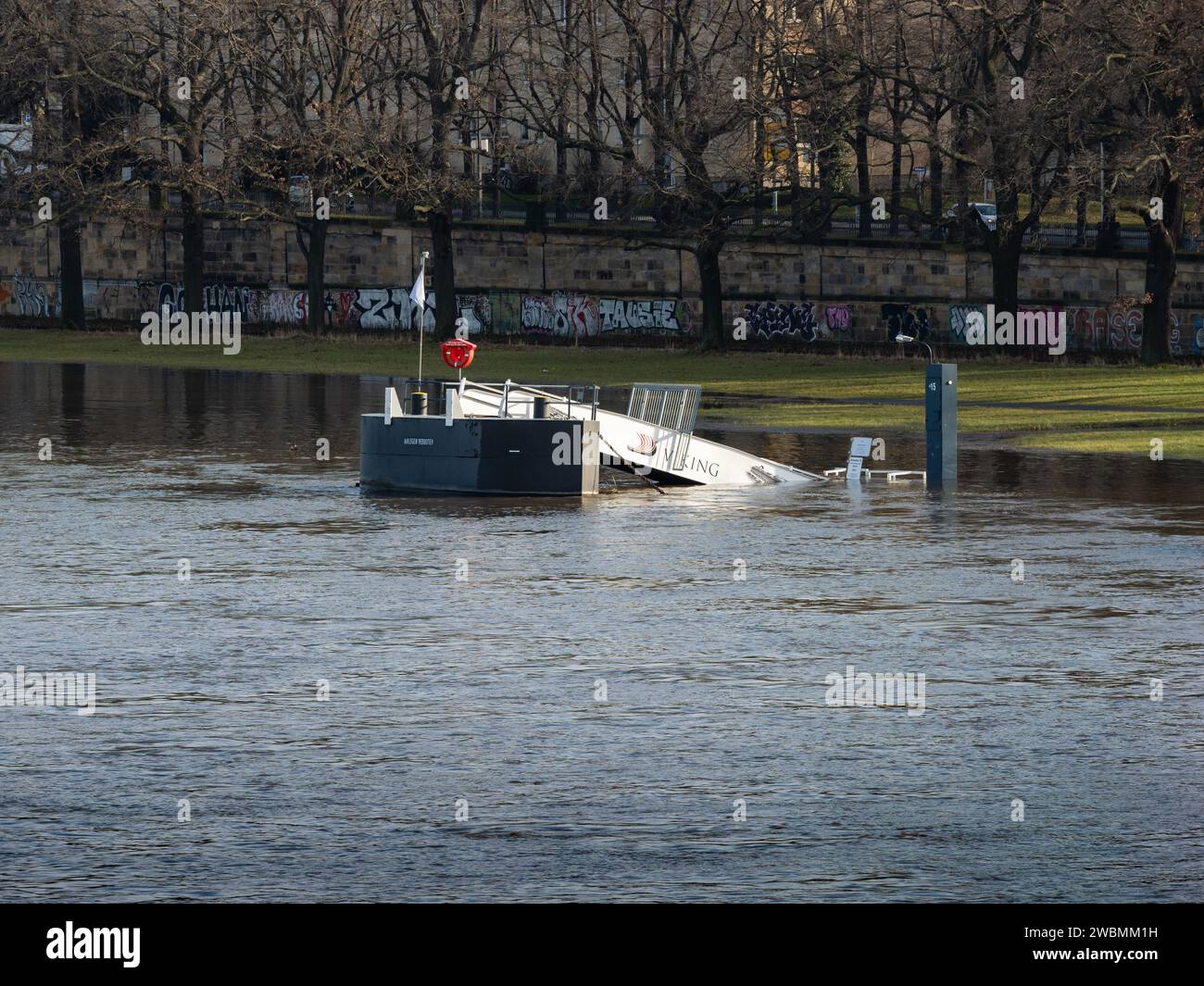 Ship landing lifted up by a high water level of the Elbe river. The ...