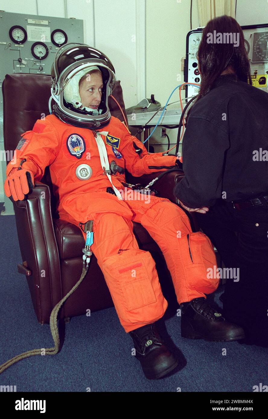 STS-98 Mission Specialist Marsha Ivins prepared for launch in her suit ...