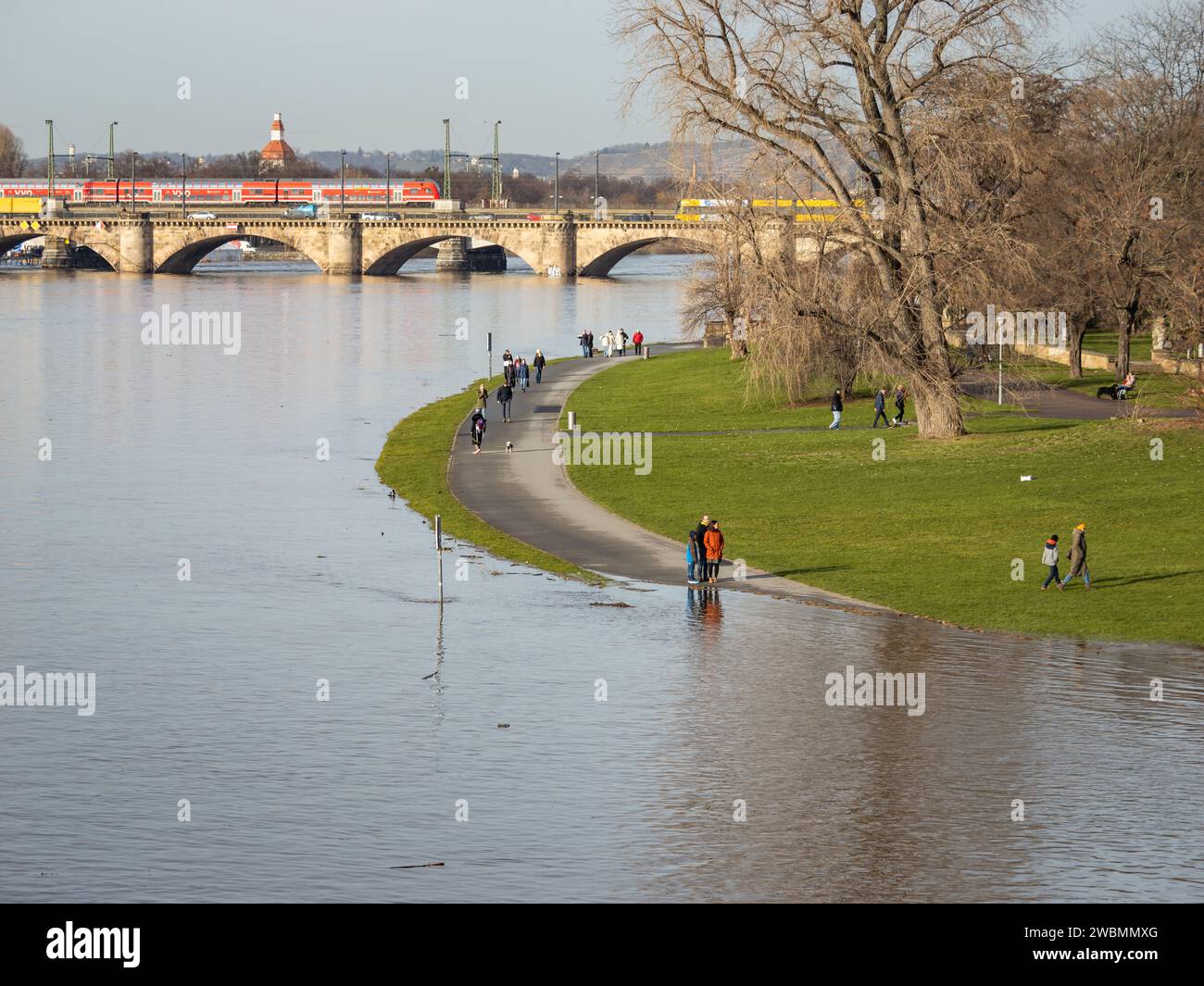 Elbe cycle path under water because of a flooding. The river in the ...