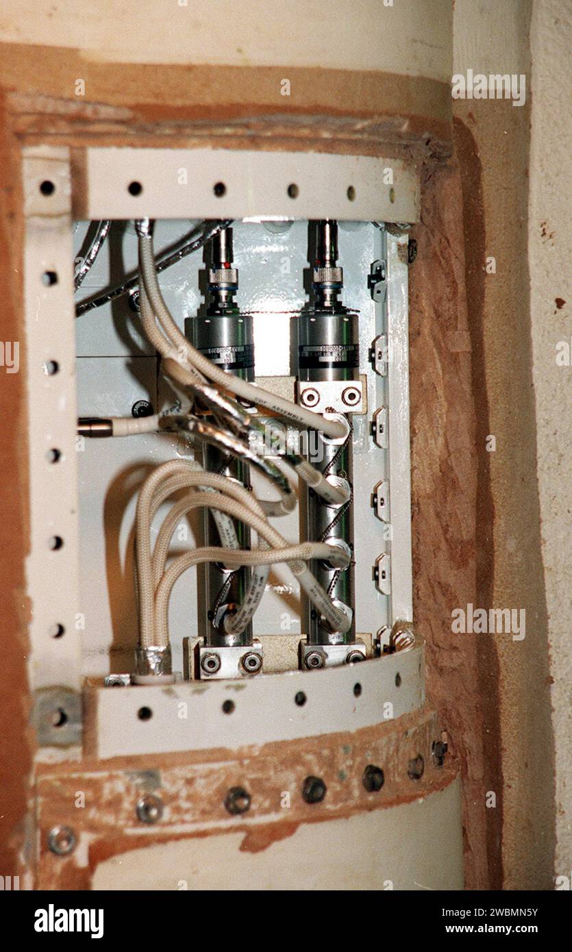 KENNEDY SPACE CENTER, FLA. -- Solid rocket booster cables are exposed ...