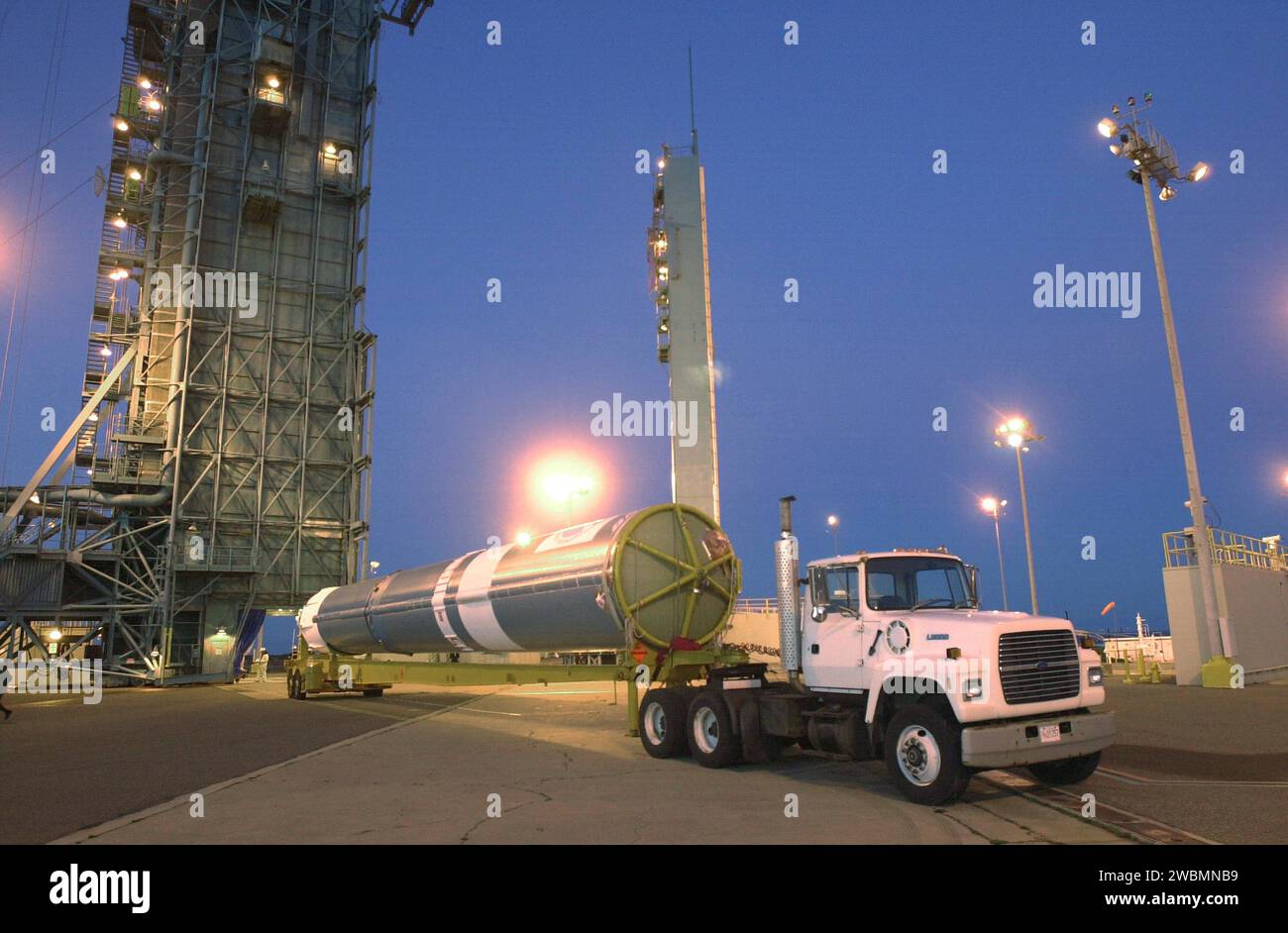 VANDENBERG AIR FORCE BASE, CALIF. - The first stage of a Boeing Delta 2 rocket arrives at Space ...