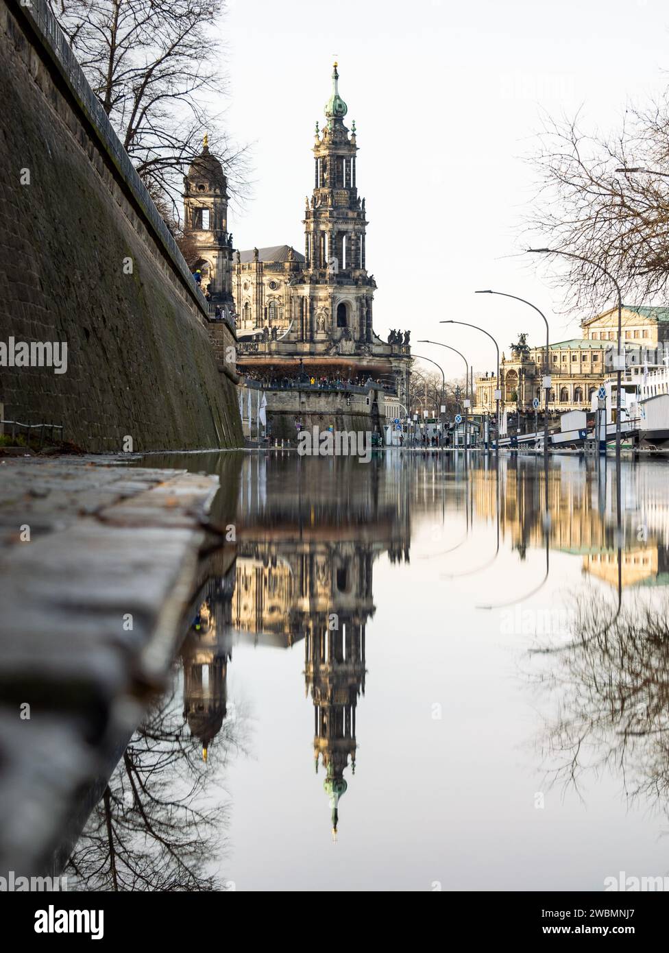 Flood of the Elbe river in the old town. The church building is reflected in the water on the ...