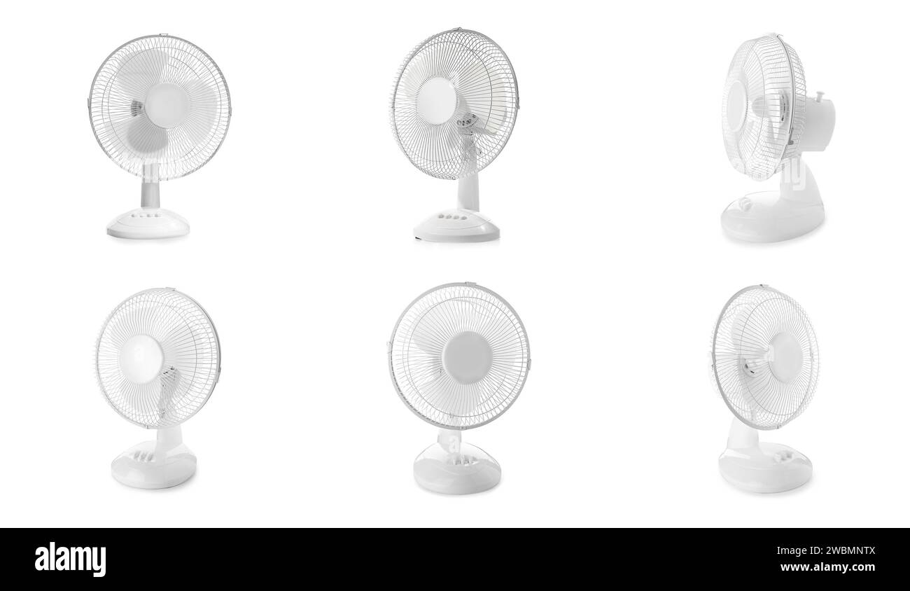 Set of modern electric fans isolated on white Stock Photo - Alamy