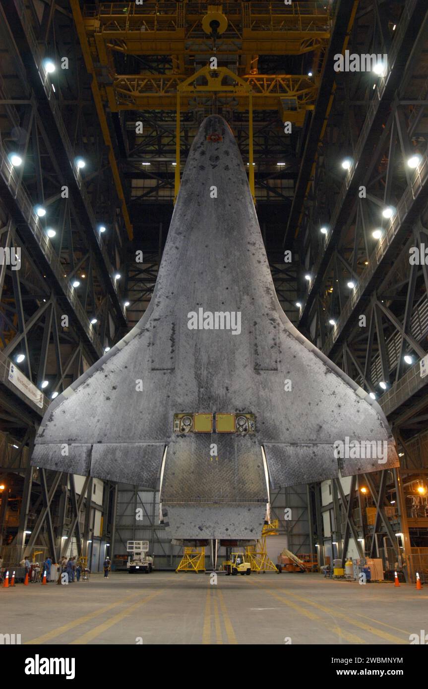 Orbiter Discovery is raised to vertical in the Vehicle Assembly ...