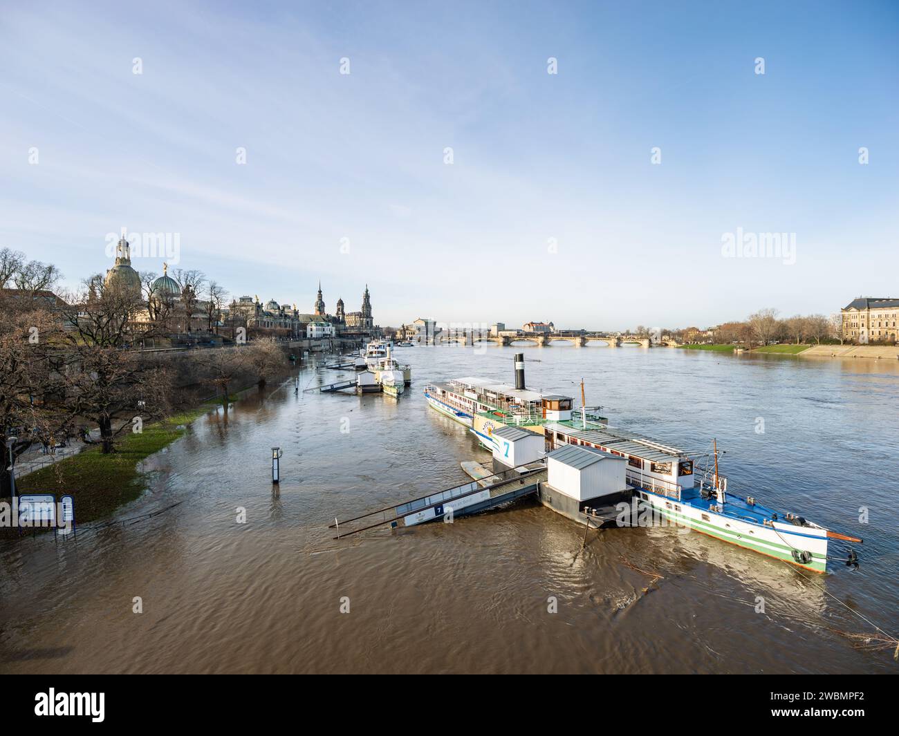 Elbe river flood in the old town. The high water level is lifting the ...