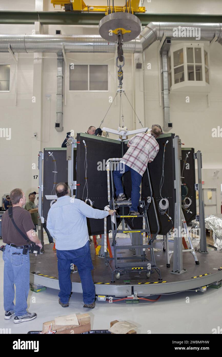 Technicians at Kennedy Space Center prepared the Orion service module for Exploration Flight ...