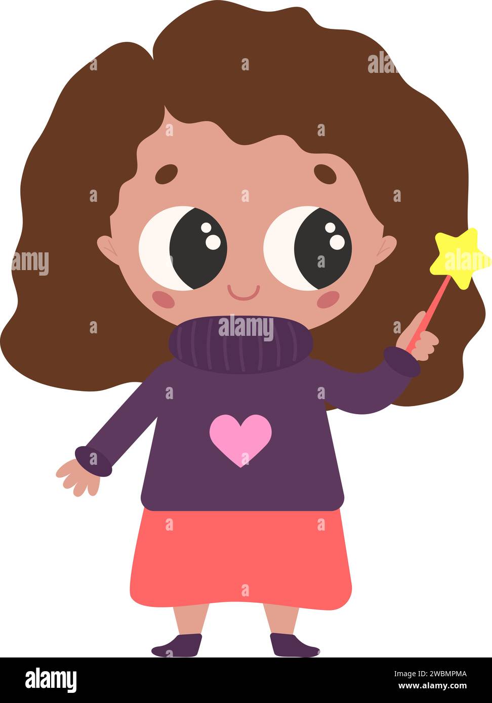 Cute magic little girl in kawaii style with wand and heart on her ...