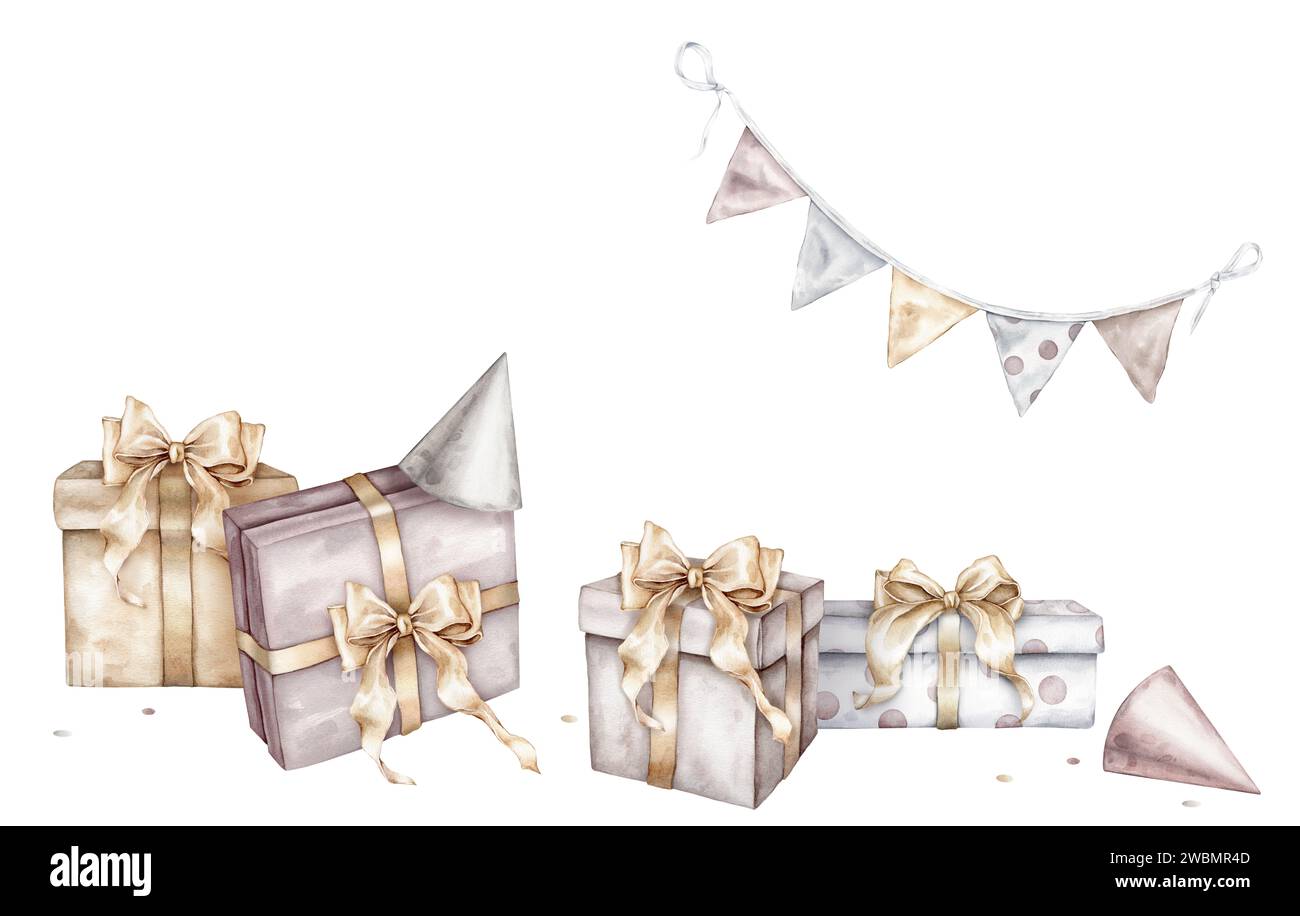 Set of pastel color and white with polka dots gift boxes with bows ...