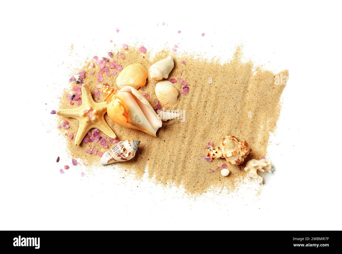 Sand with seashells, purple sea salt and starfishes on white background ...