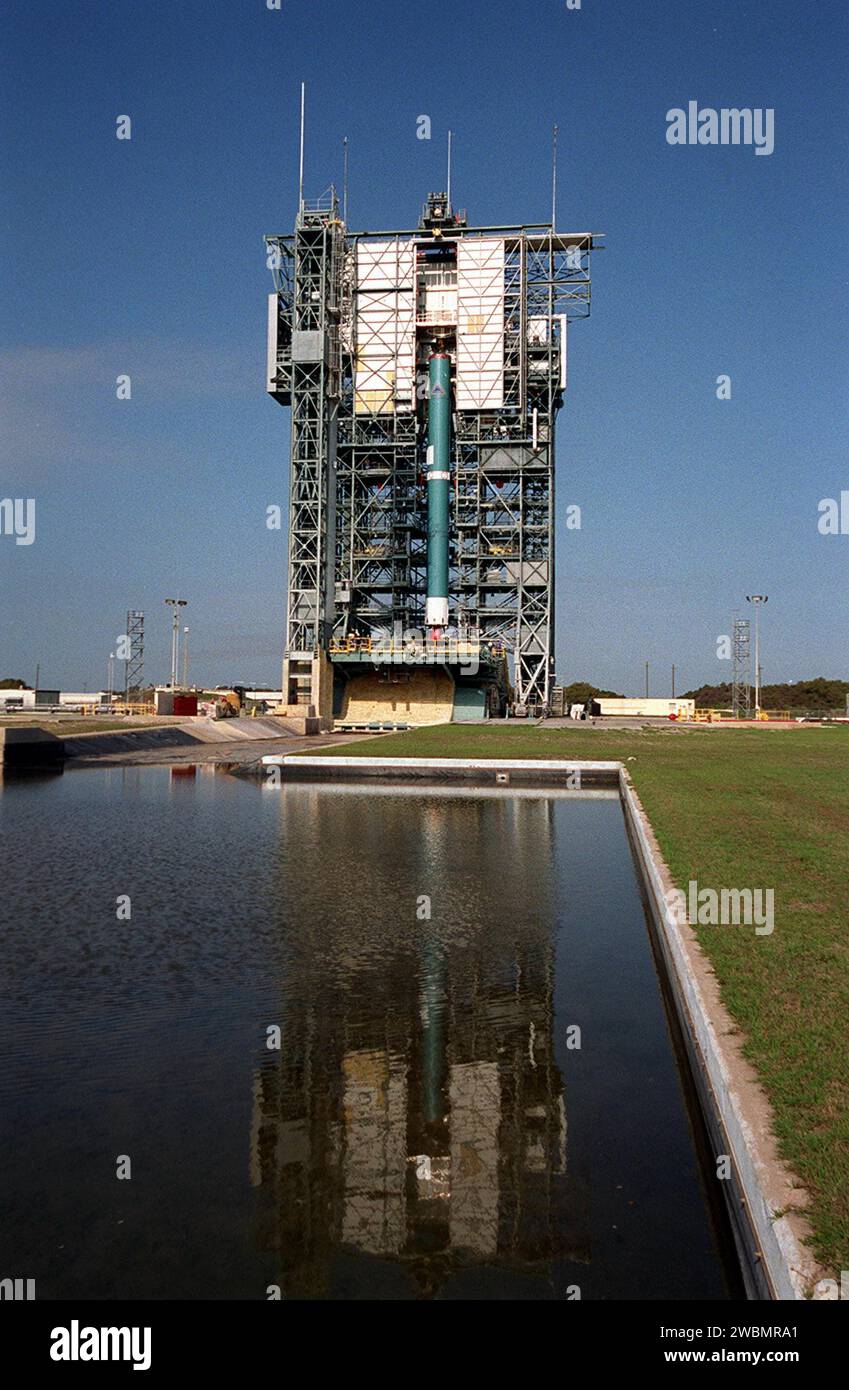 The first stage of a Boeing Delta rocket suspended in the the gantry on ...